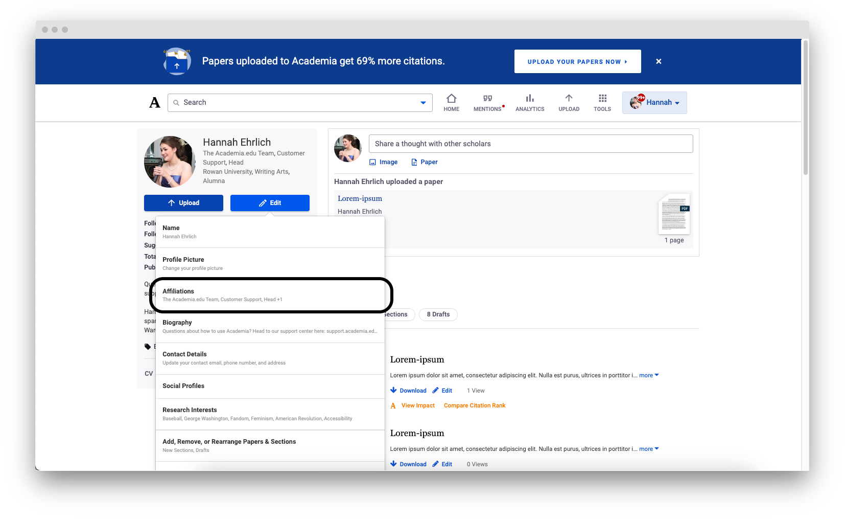 Adding or Editing Your Affiliation – Academia