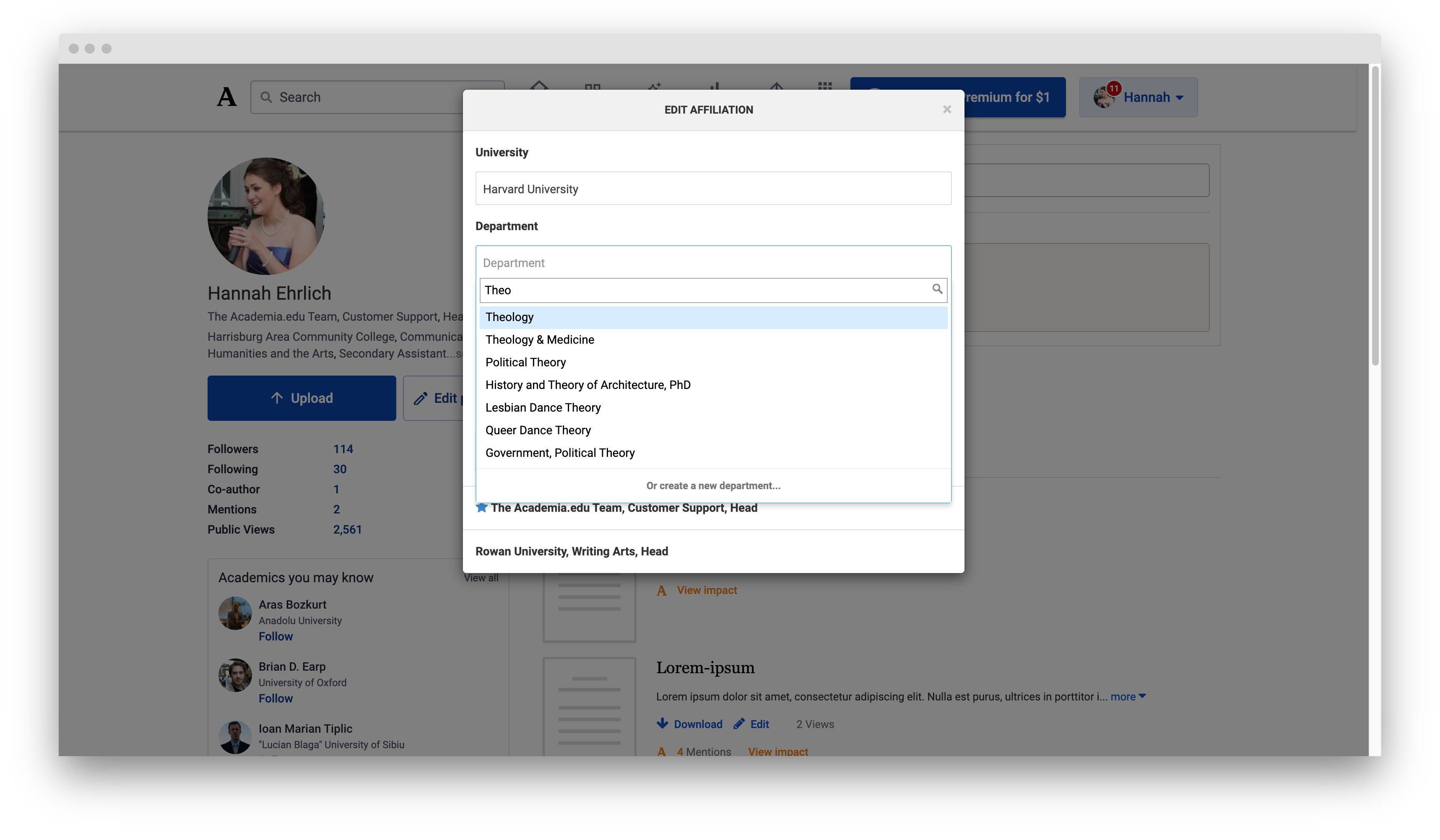 Adding or Editing Your Affiliation – Academia