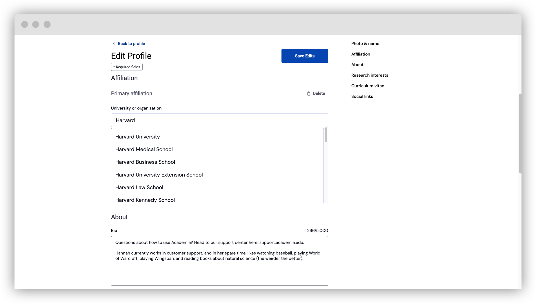 Adding or Editing Your Affiliation – Academia Support