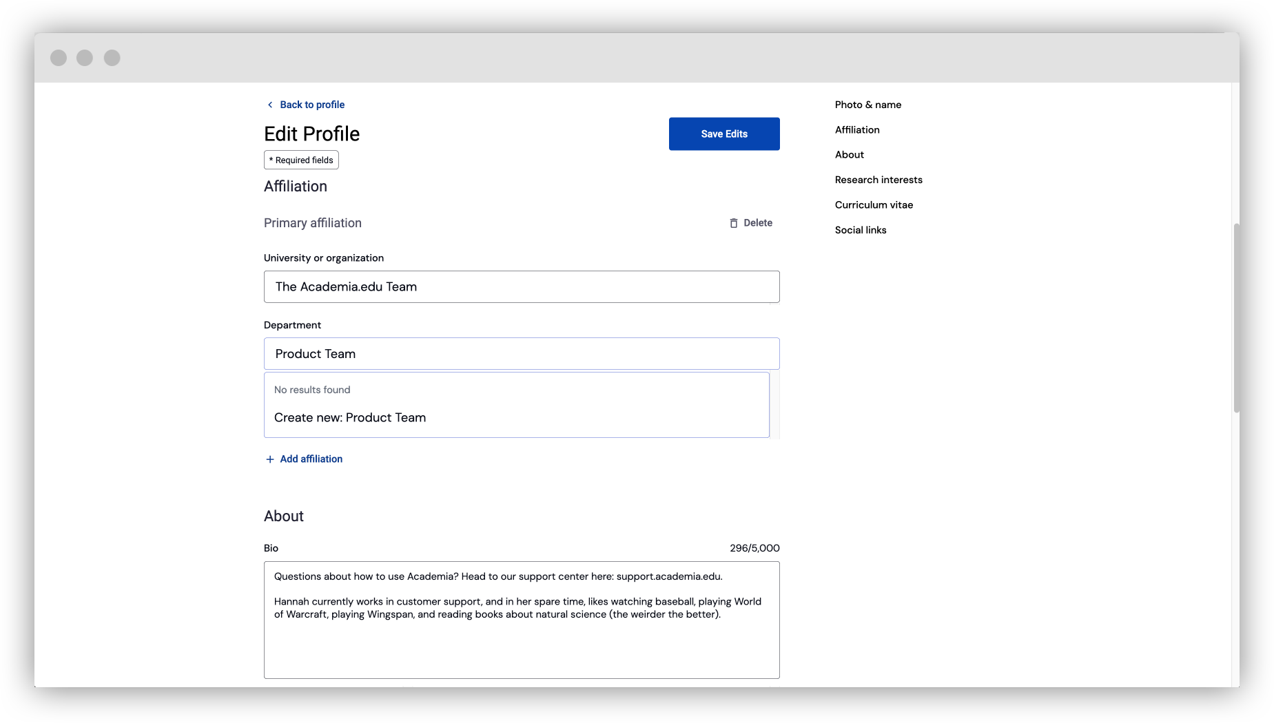 Adding or Editing Your Affiliation – Academia Support