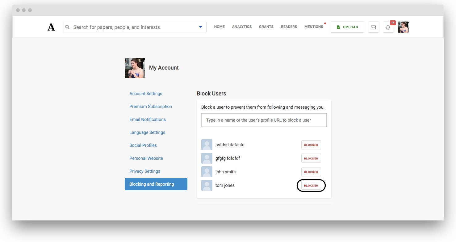 Block and Unblock Specific Users – Academia