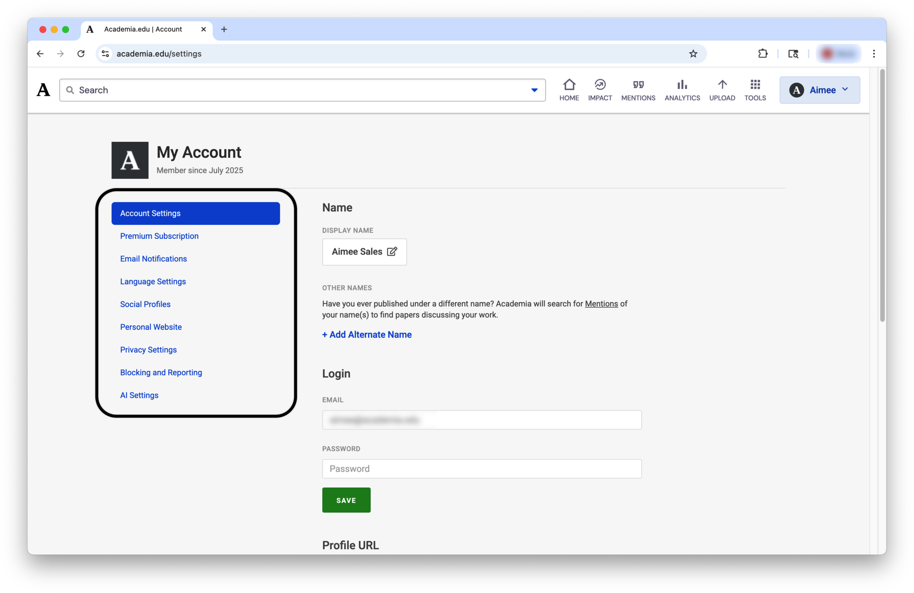 Account settings overview – Academia Support